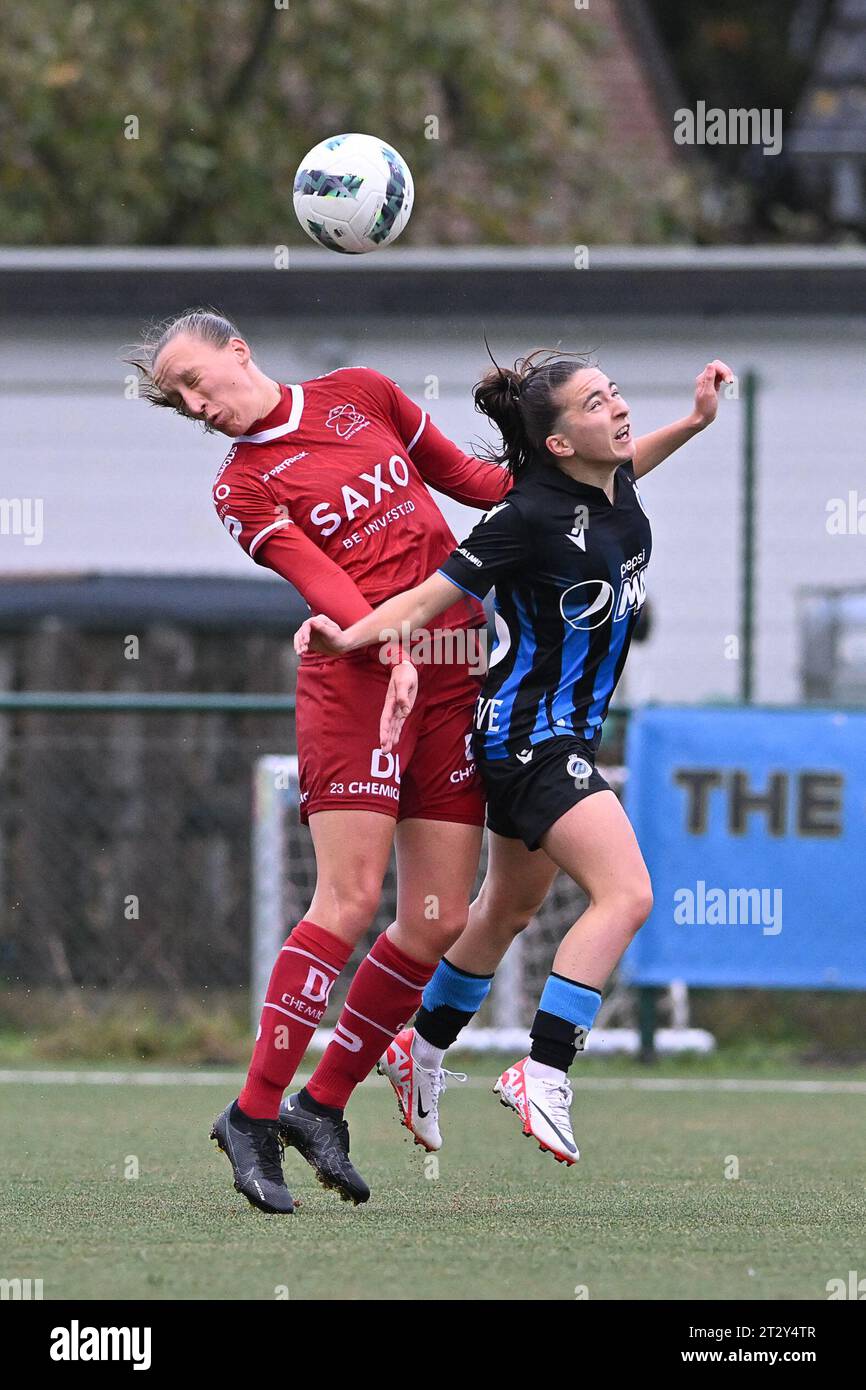 Zulte, Belgium. 21st Oct, 2023. Ella Vierendeels (23) of Zulte Waregem and Angel Kerkhove (13 ...