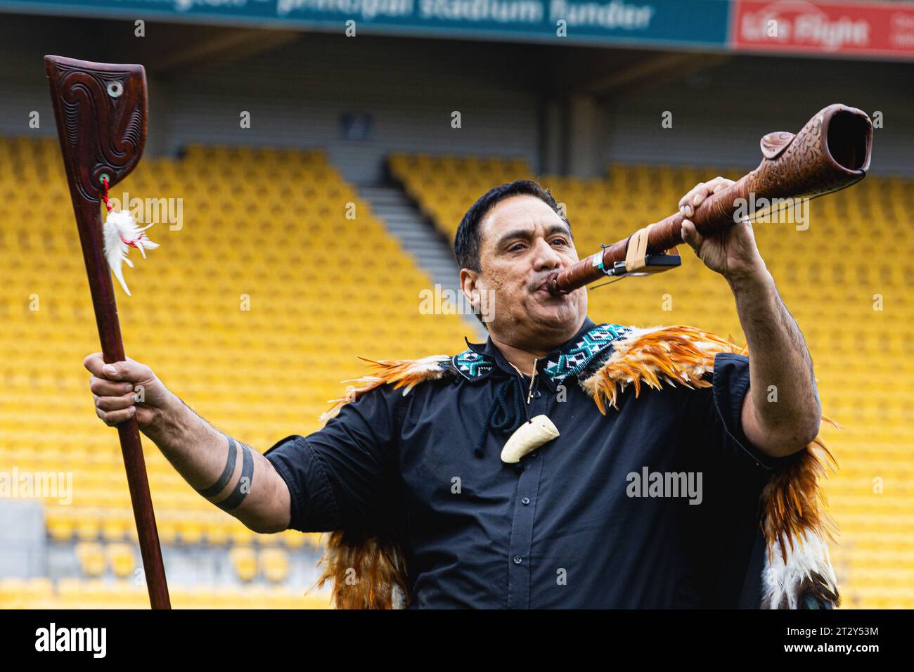 Wellington, New Zealand. 21st October 2023. A local iwi member performs ...