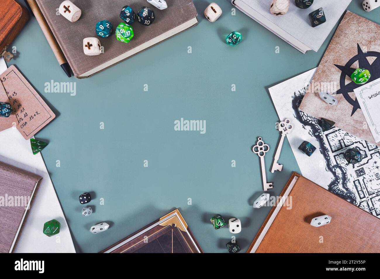 Tabletop role playing flat lay background with colorful RPG dices, rule ...