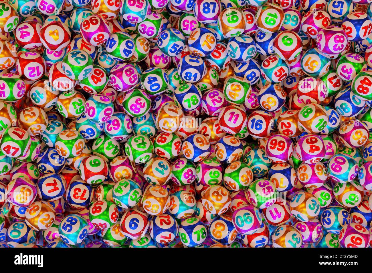 Lots of multi-colored lottery balls with numbers. Top view 3d rendering ...