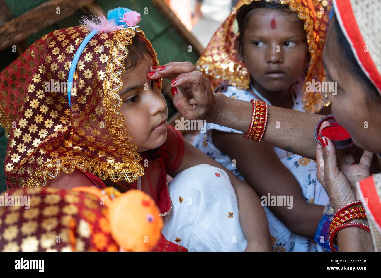 Girls dress as Goddess Durga as they participate in Kumari Puja rituals ...