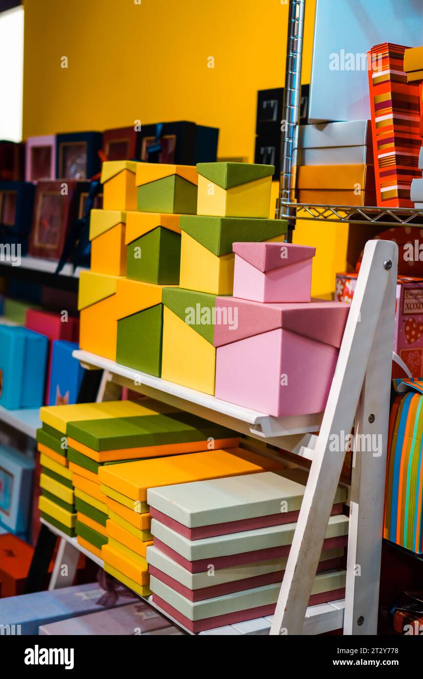 Gift box variety: vibrant colors and patterns neatly organized on ...