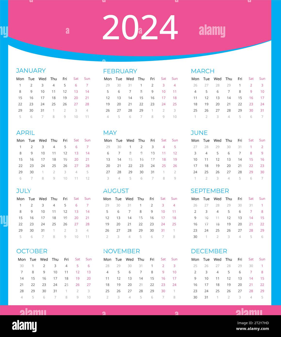 Calendar For 2024 Pink Blue Calendar 2024 Week Starting Monday Vector
