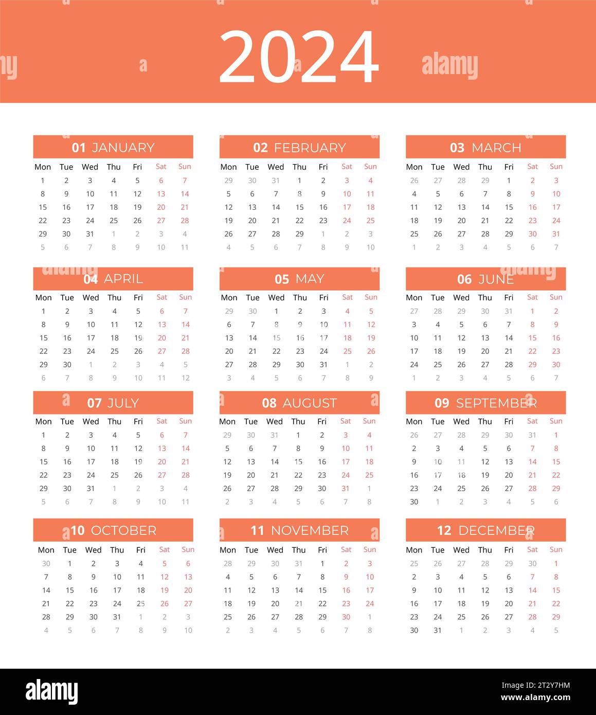 2024 Orange Calendar - Week Starts on Monday | Vector Calendar Template ...