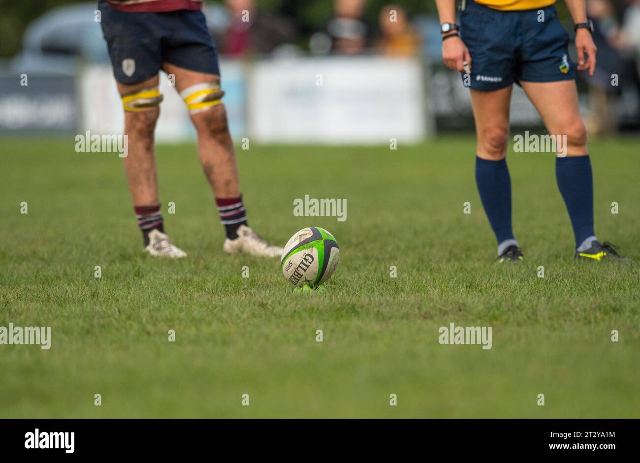 Gilbert rugby union football on a stand ready to be kicked Stock Photo ...