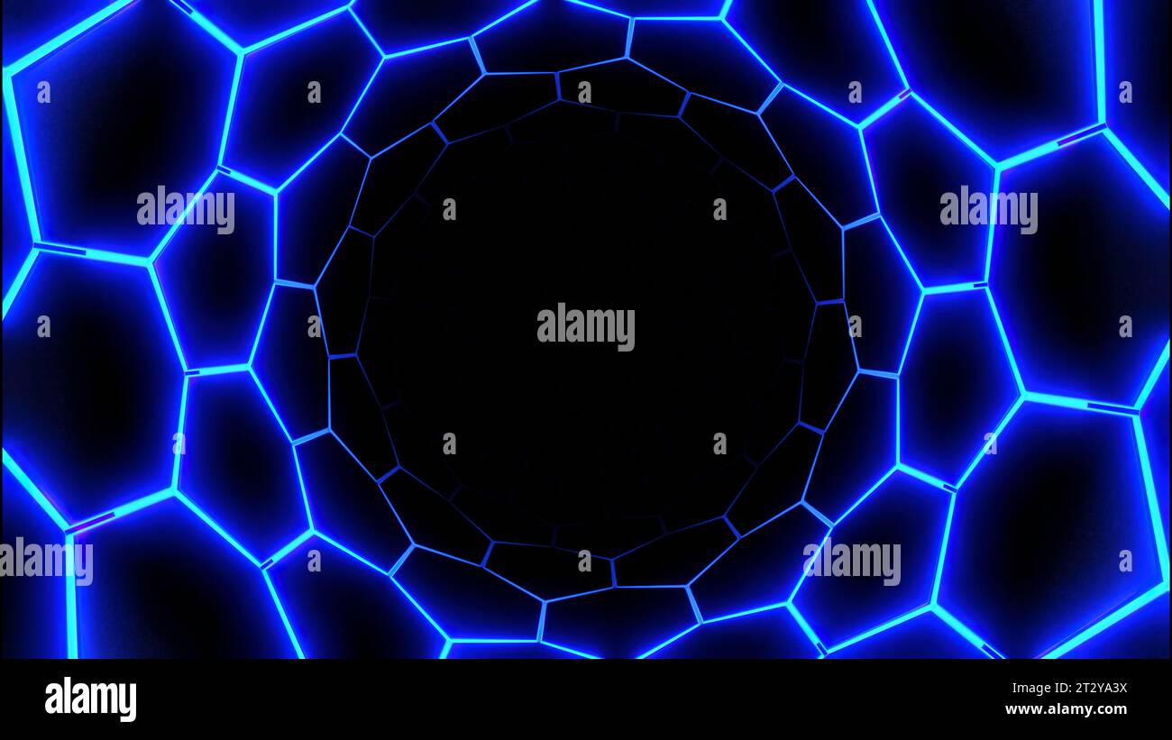 Dark virtual tunnel with neon hexagonal grid. Design. Bright neon grid ...