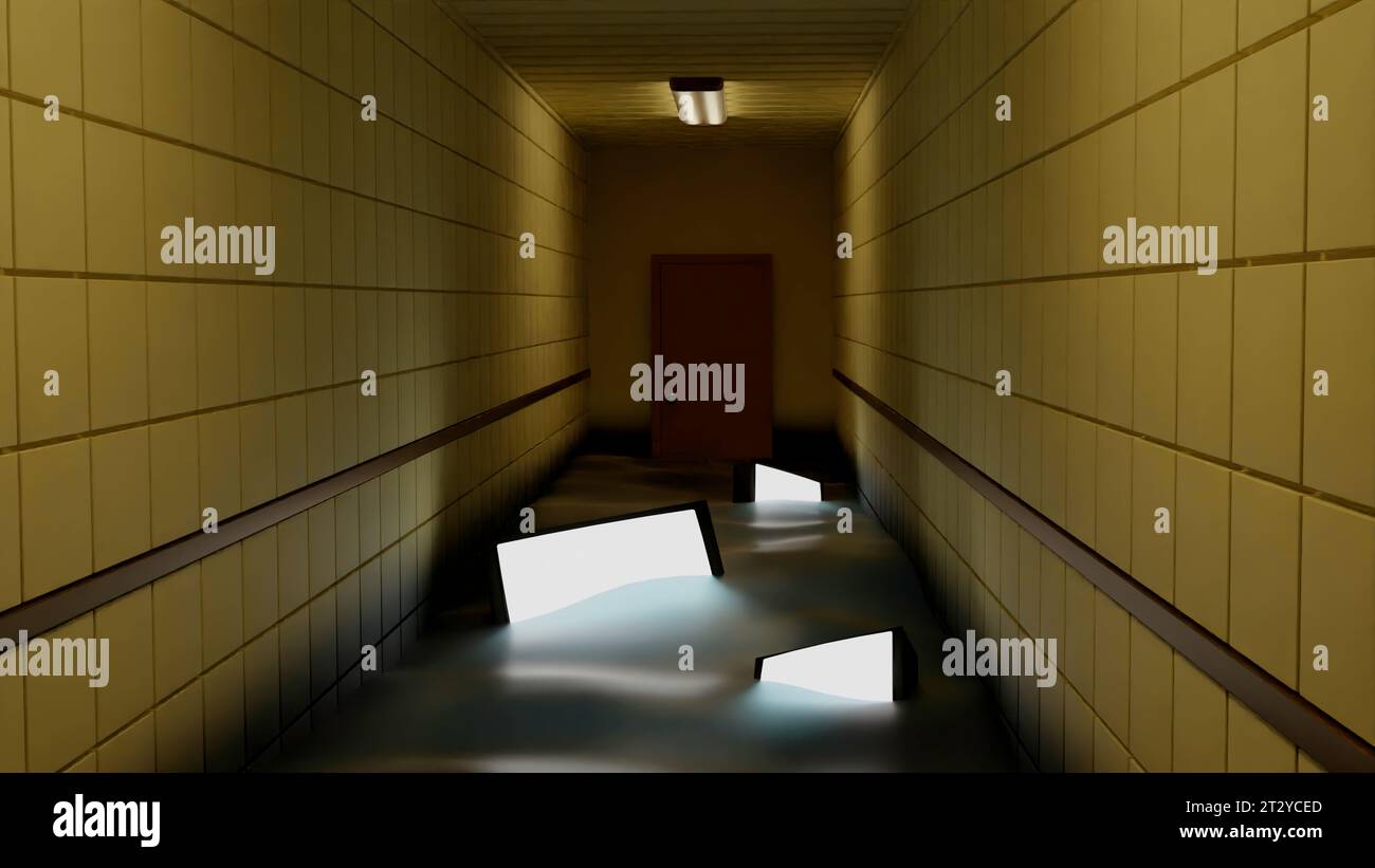Flooded corridor. Design. Light animation with a flood and fallen lamps ...