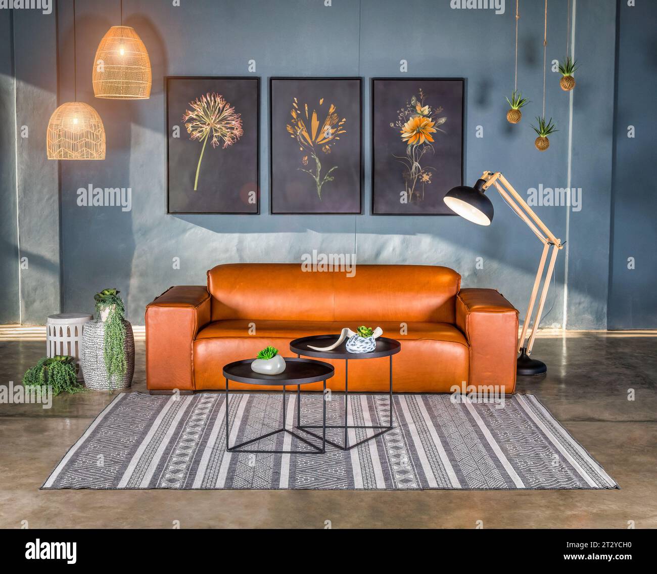 modern interior design with leather couch and rug on the floor Stock ...