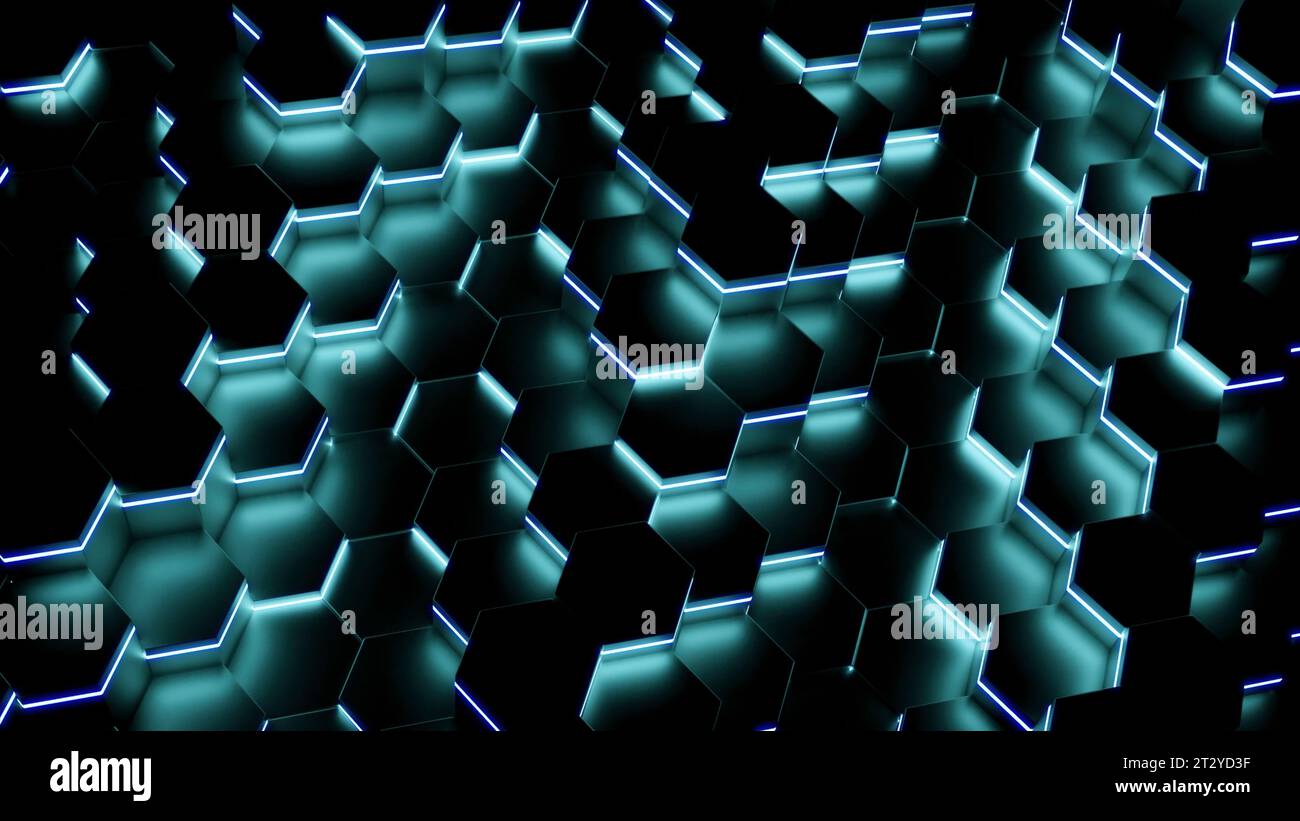 Cyber background with moving neon hexagons. Design. Cyber waves of neon ...