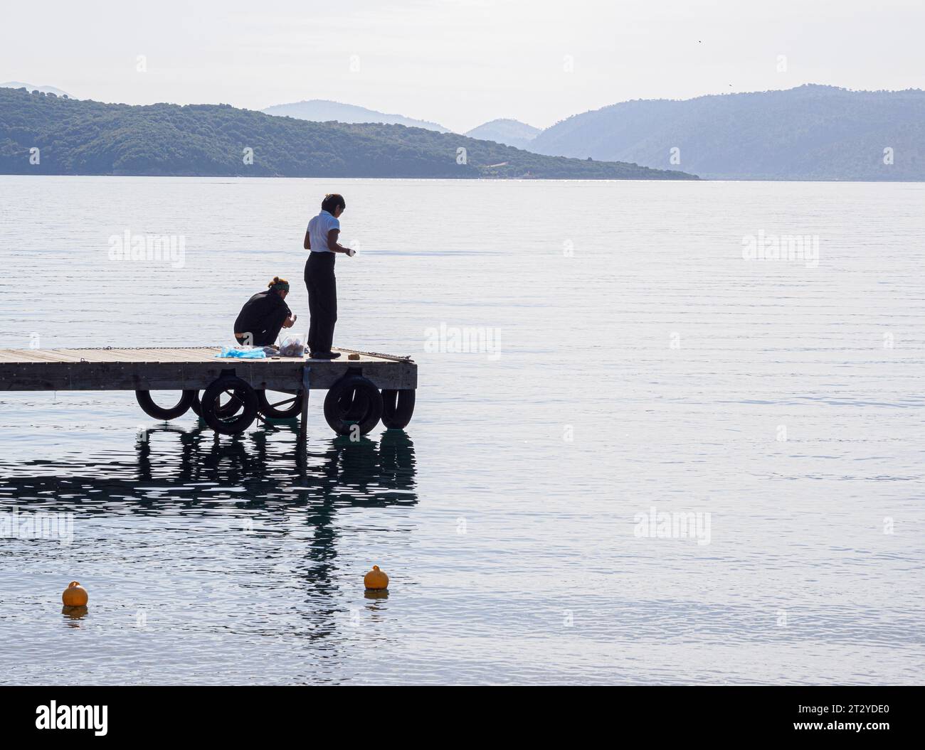 Fishing off a boat jetty in the little harbour of Agios Stefanos on the ...