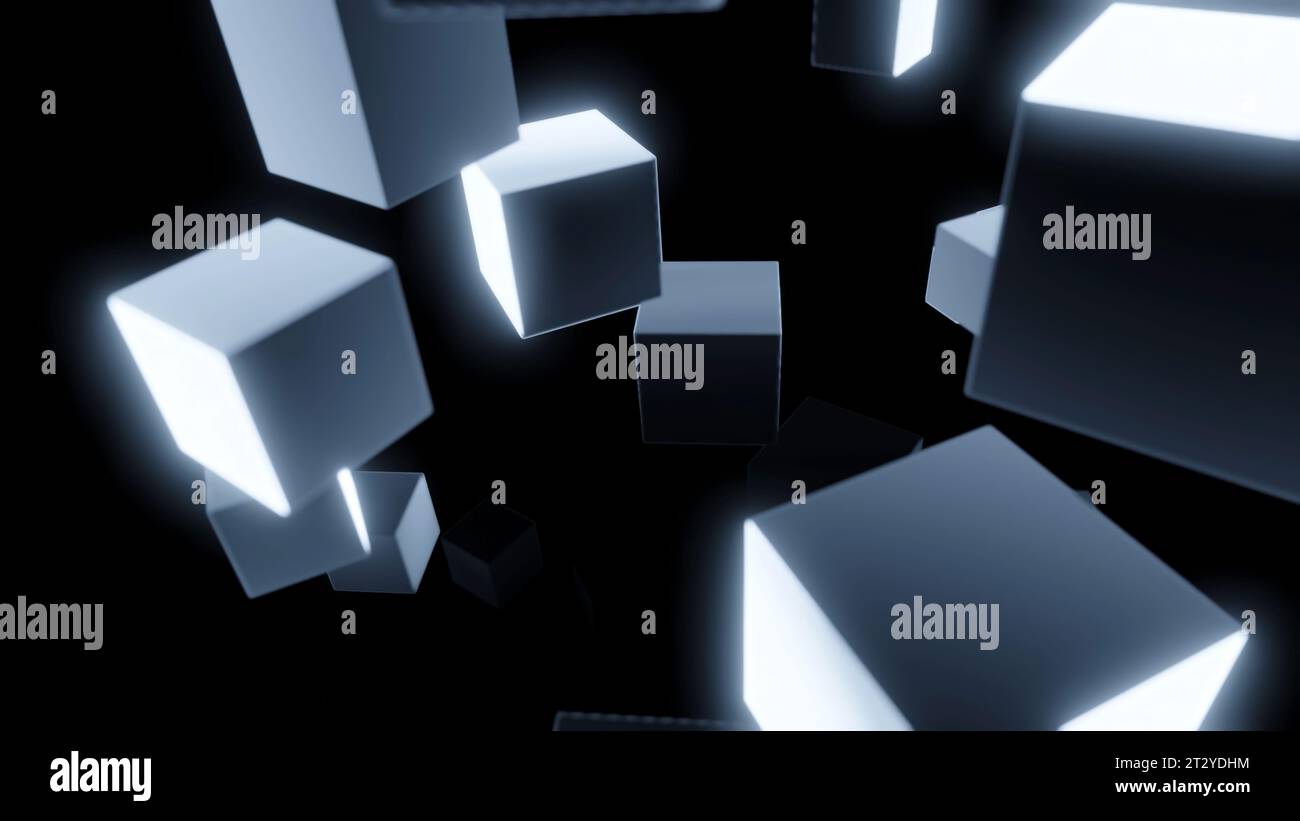 3D cubes rotate in air. Design. Glowing 3d cubes move in space on black ...