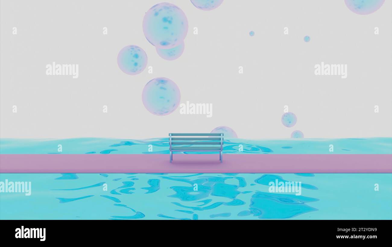 3D animation with soap bubbles. Design. 3D space with bench and colored ...