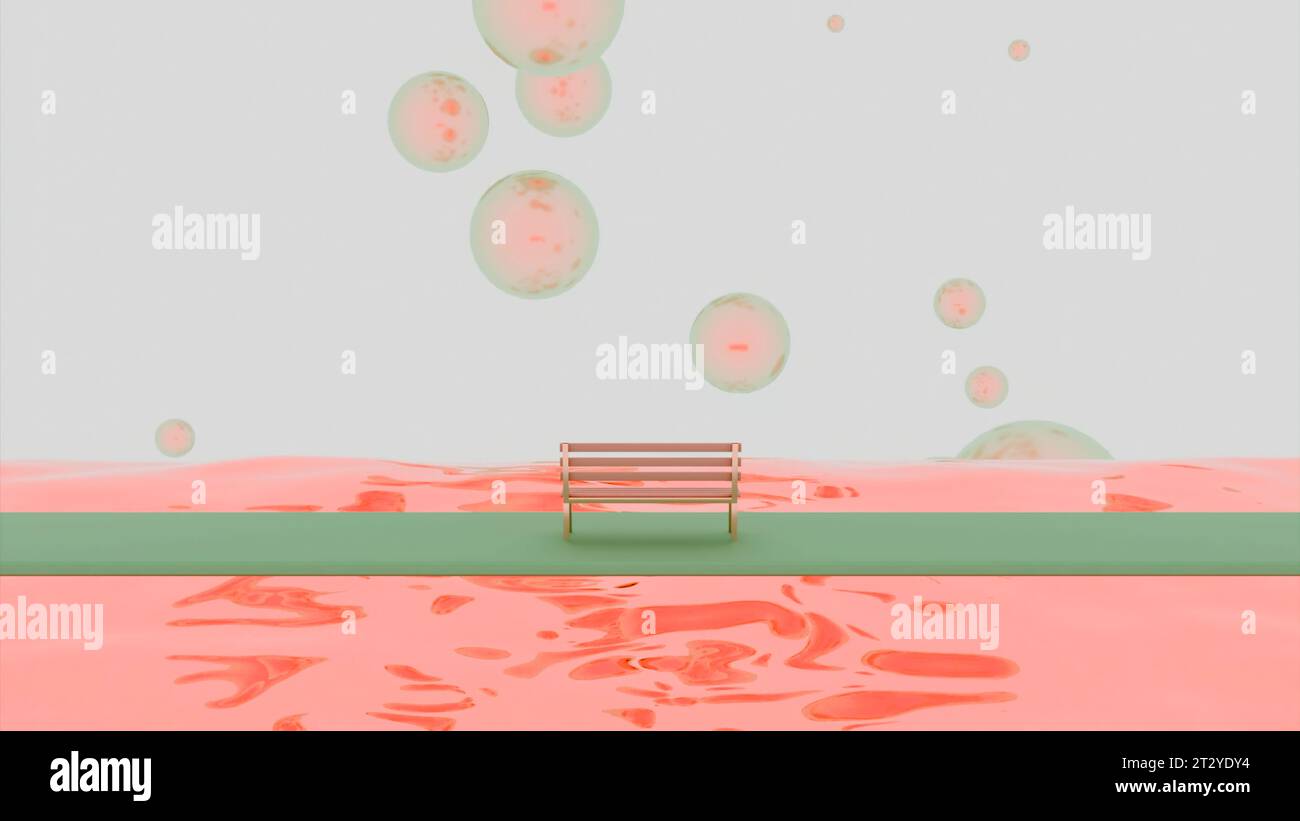 3D animation with soap bubbles. Design. 3D space with bench and colored ...