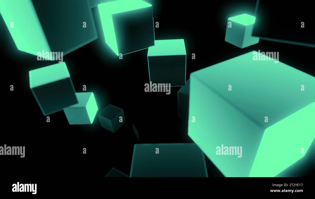 3D cubes rotate in air. Design. Glowing 3d cubes move in space on black ...