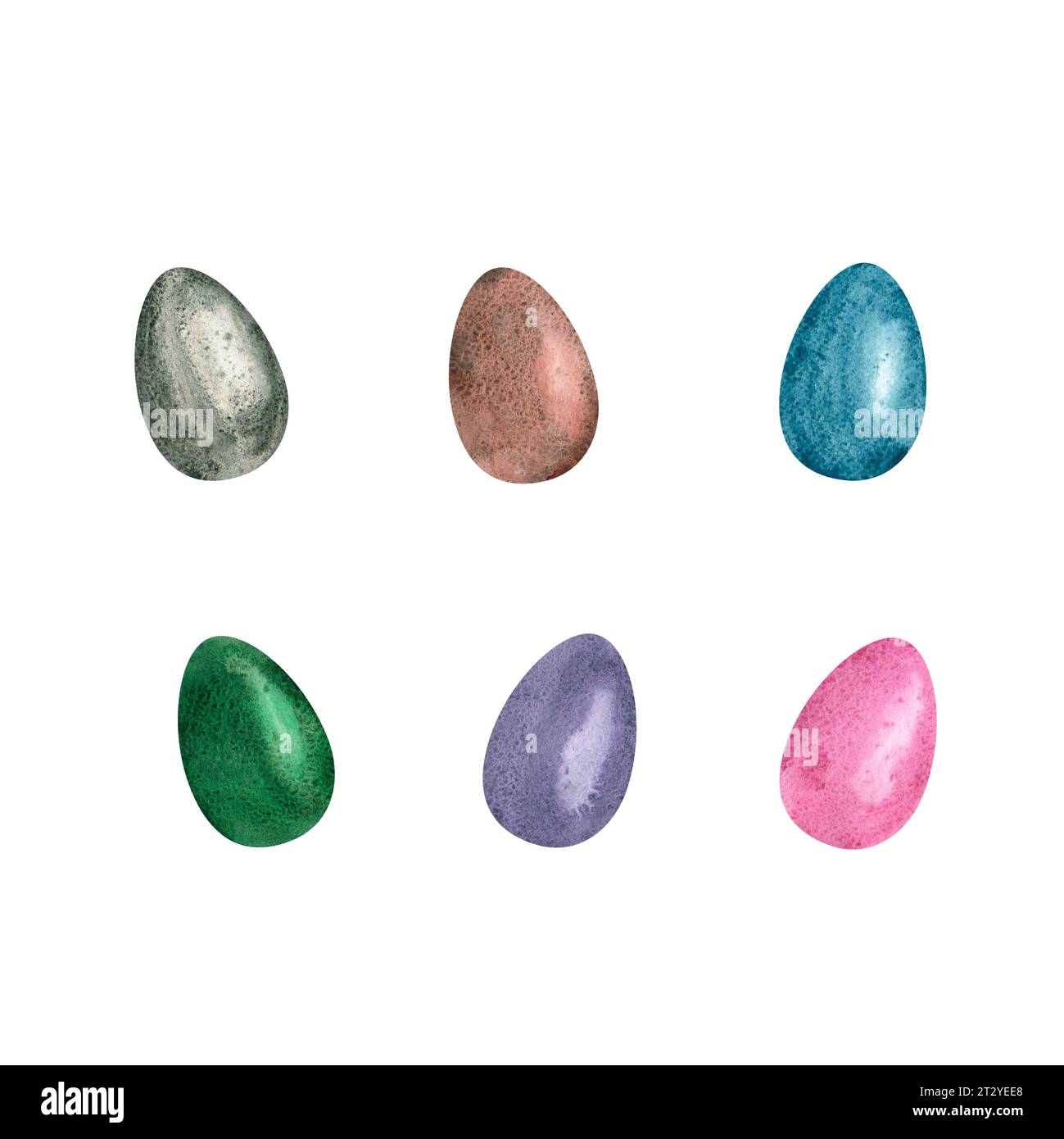 A set of bright Easter eggs in pink, green, brown, gray, blue and ...