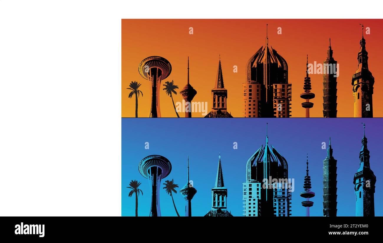 Different Buildings, Towers, Trees and House roofs Silhouette Vector ...