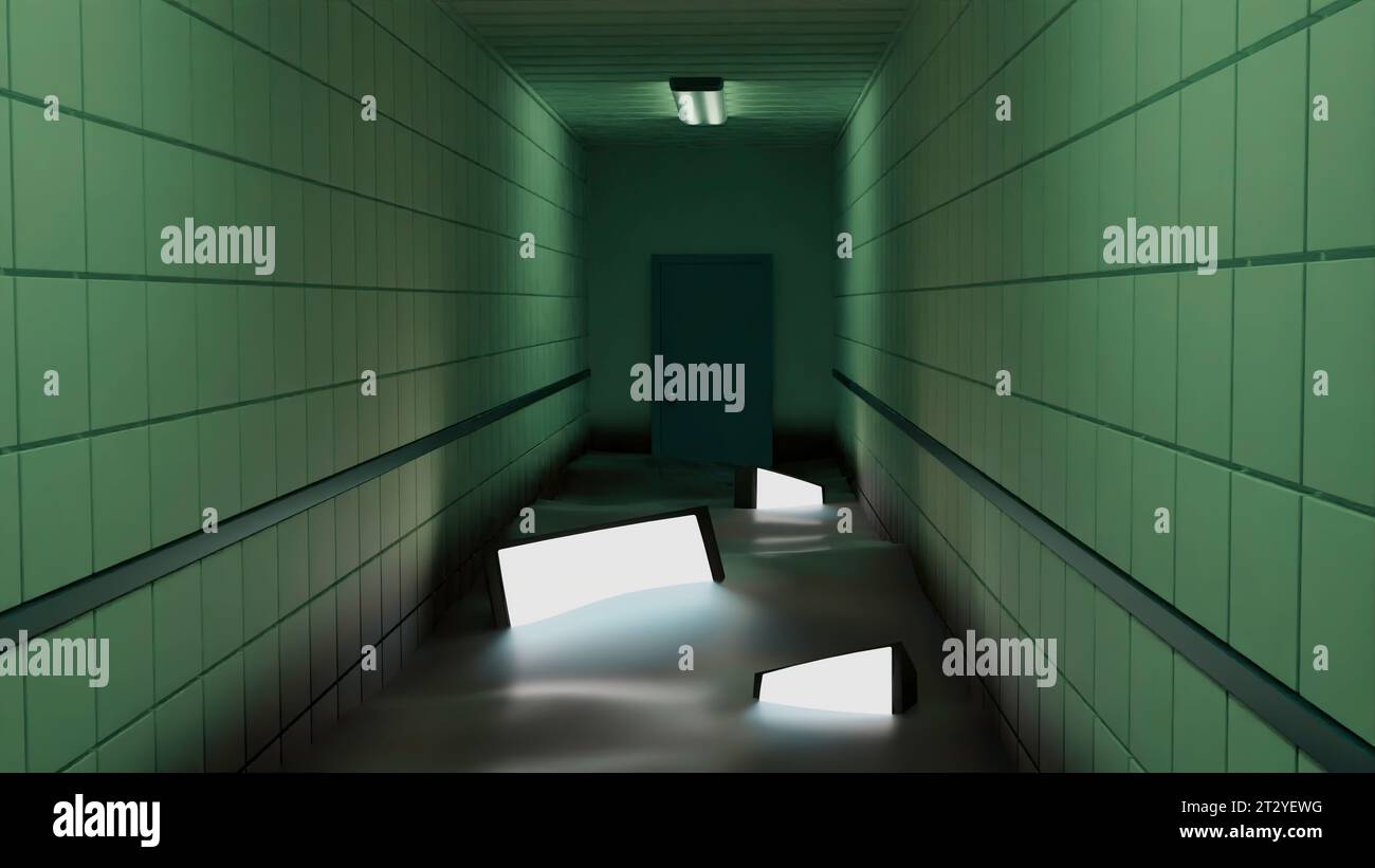 Glowing screens in water. Design. 3D corridor with water and glowing ...