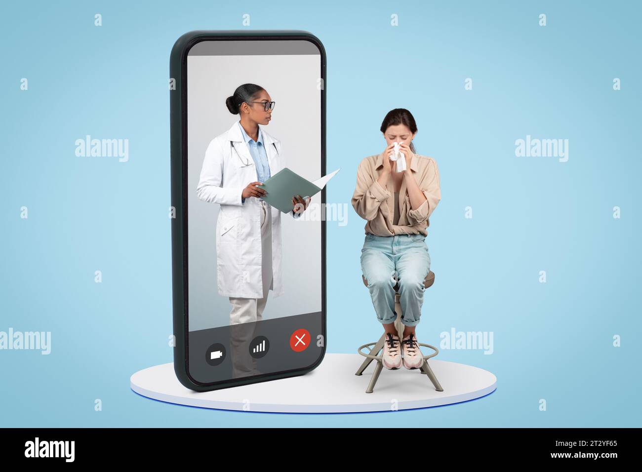 Serious black doctor and lady patient cry on big phone screen, isolated ...