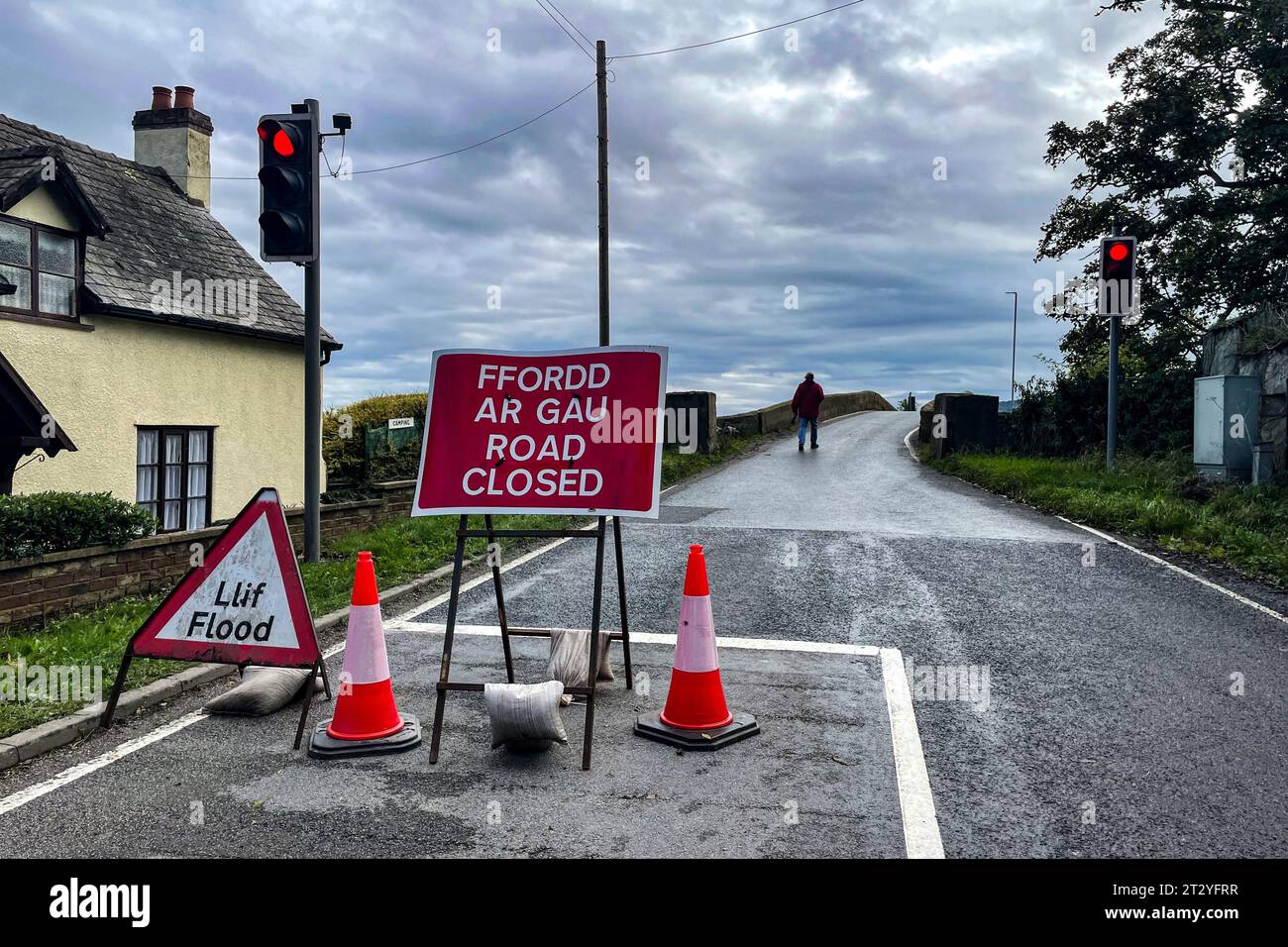 A road closure sign due to flooding in Powys in Wales, after Storm ...