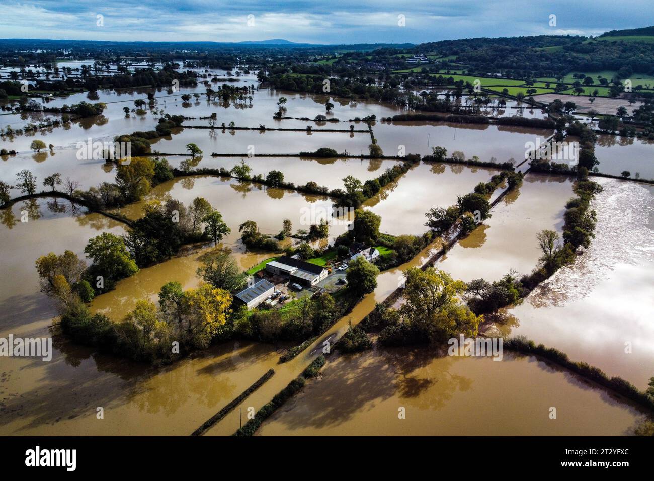 Flooded fields in Powys in Wales, after Storm Babet battered the UK ...
