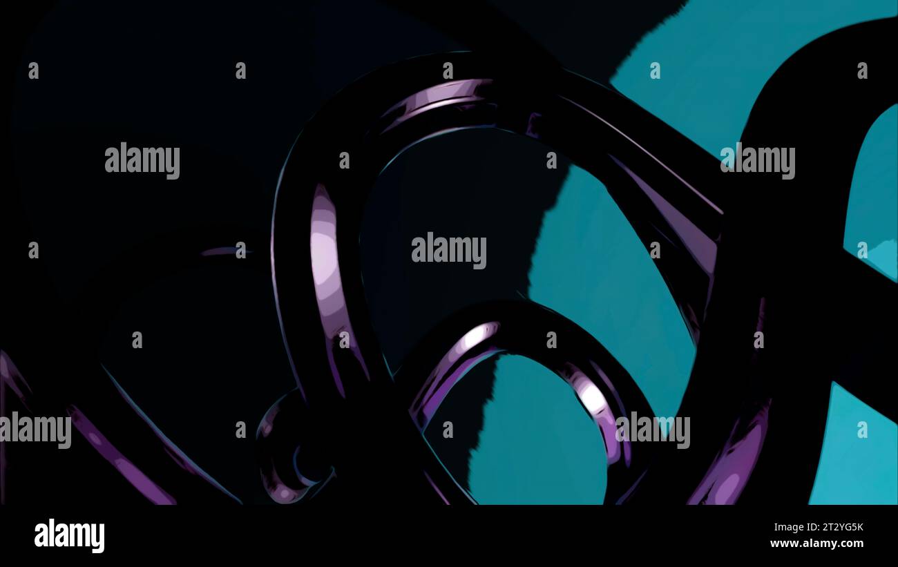 Abstract twisting metal pipes with moving light flares. Design. Glowing ...