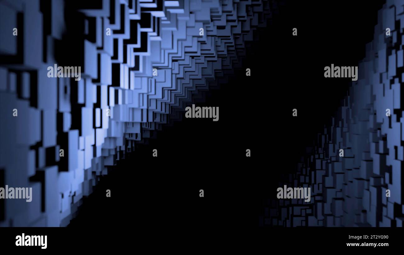 Abstract flight inside dark purple tunnel of many cubes and rectangles ...