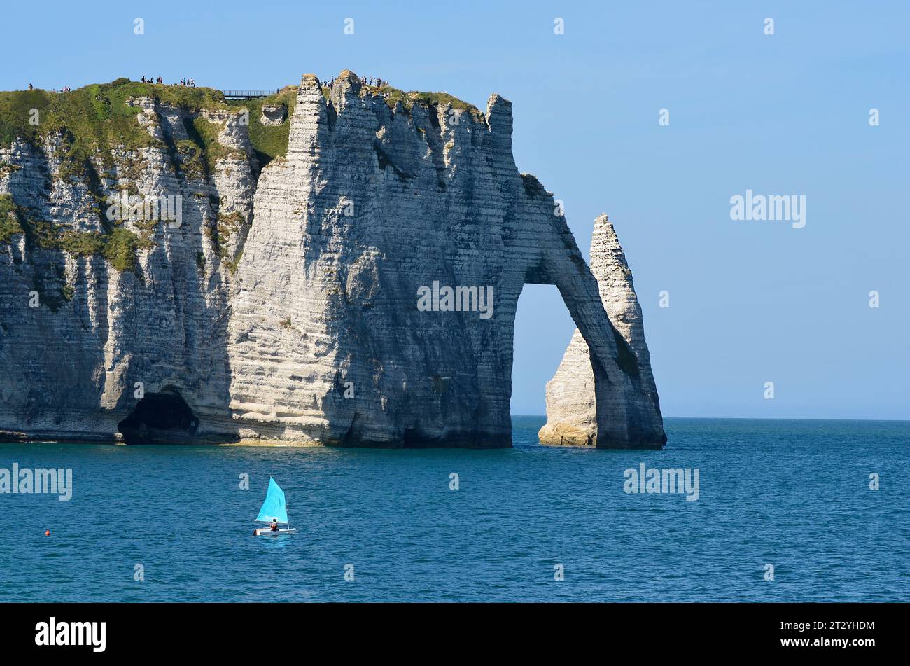 France, Normandy, sailing boat and rock formation in Etretat Stock ...