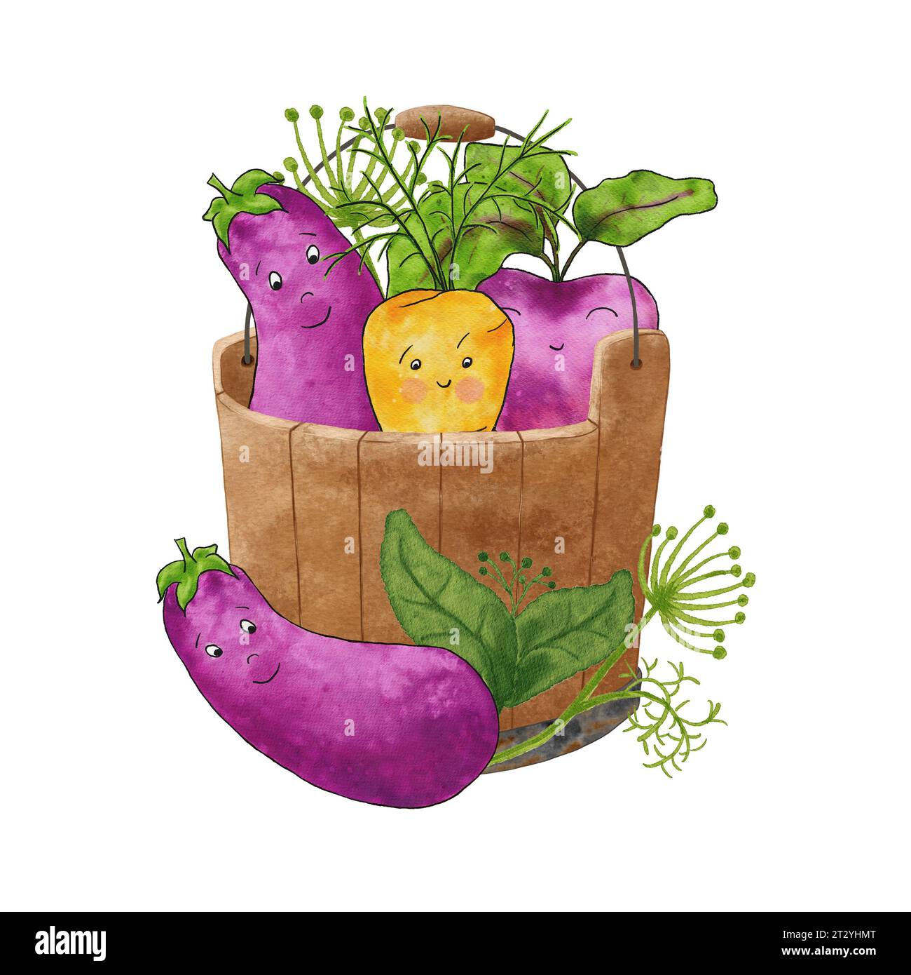 A bucket of vegetables. Vegetable basket. Wooden bucket with cartoon ...