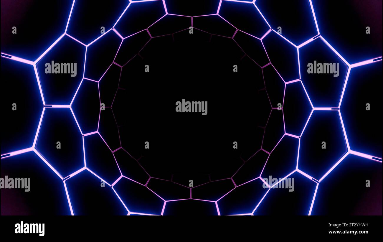 Hi-tech neon sci-fi tunnel with neon hexagonal lines. Design. Fly through spinning technology ...