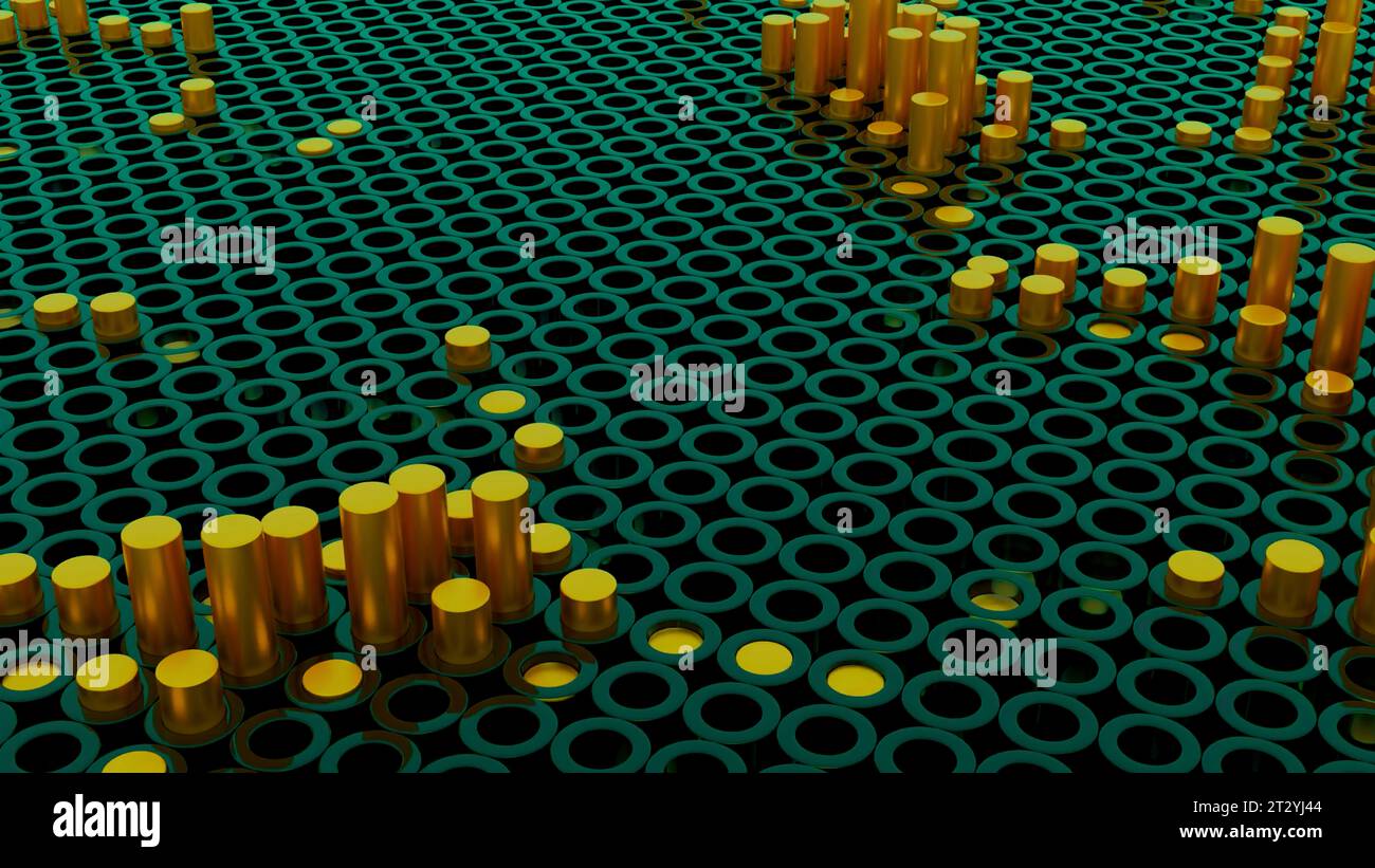 Abstract yellow columns moving up and down through green plastic holes ...