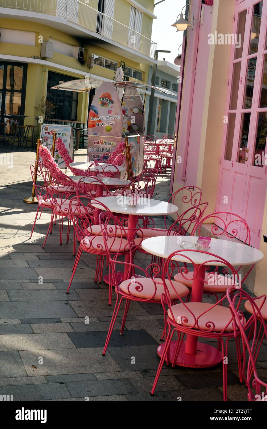 Paphos, Cyprus - September 27, 2023: Pastry shop with table and chairs ...