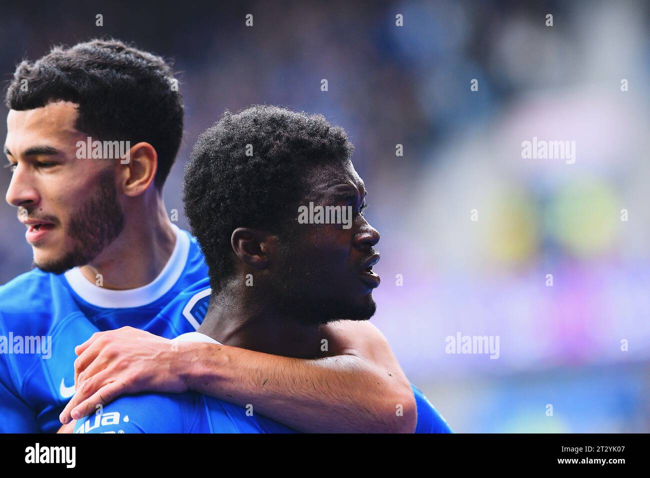 Genk, Belgium. 22nd Oct, 2023. Genk's Christopher Bonsu Baah celebrates ...