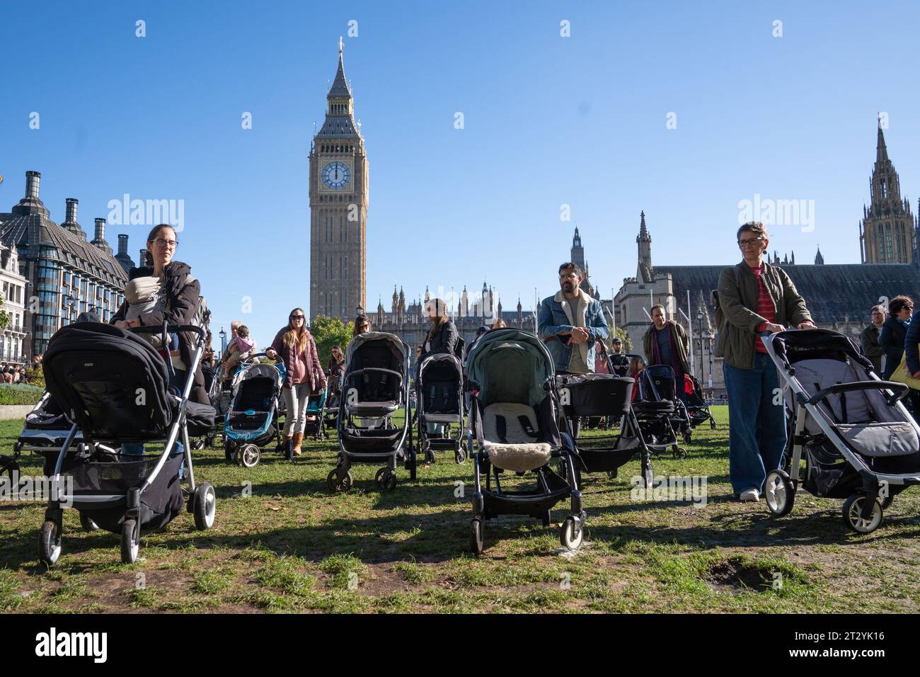 Parents with empty prams in front of the Houses of Parliament in London ...
