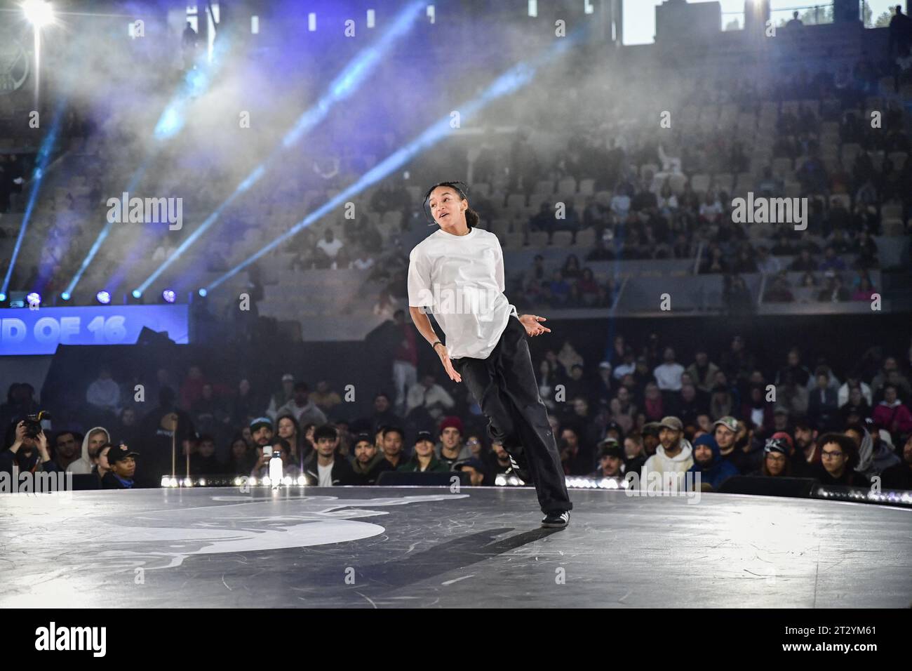 Paris, France. 22nd Oct, 2023. Breakdancer Syssy performs challenging ...