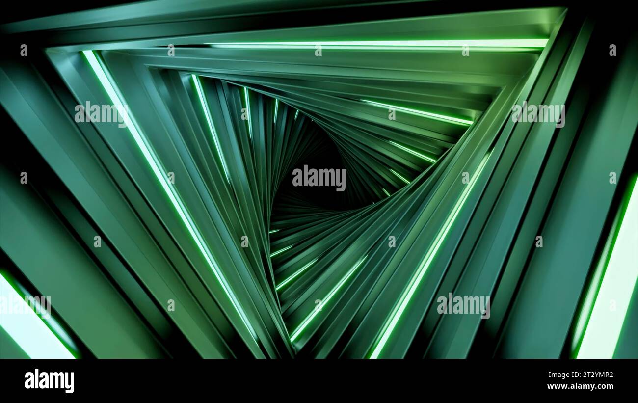 Endless triangular shaped dark green tunnel. Design. Spinning corridor ...