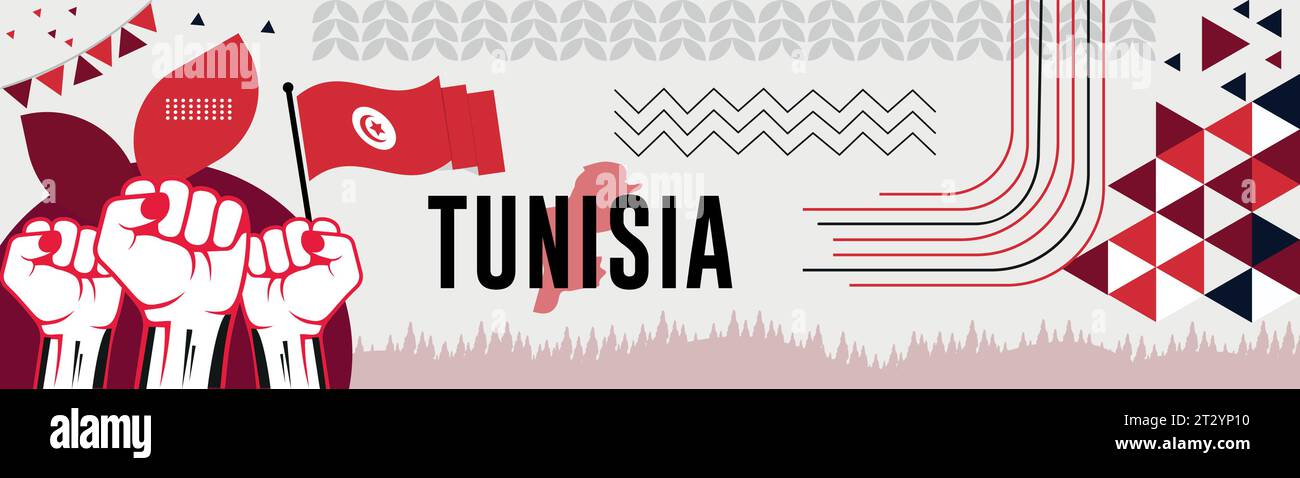 TUNISIA national day banner with map, flag colors theme background and ...