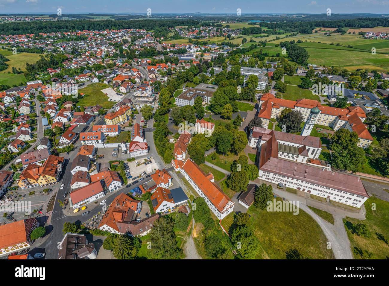 Aerial view to the little Town of Bad Schussenried, a wellness resort ...