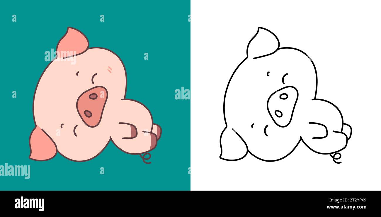Set Clipart Pig Coloring Page and Colored Illustration. Kawaii Isolated ...
