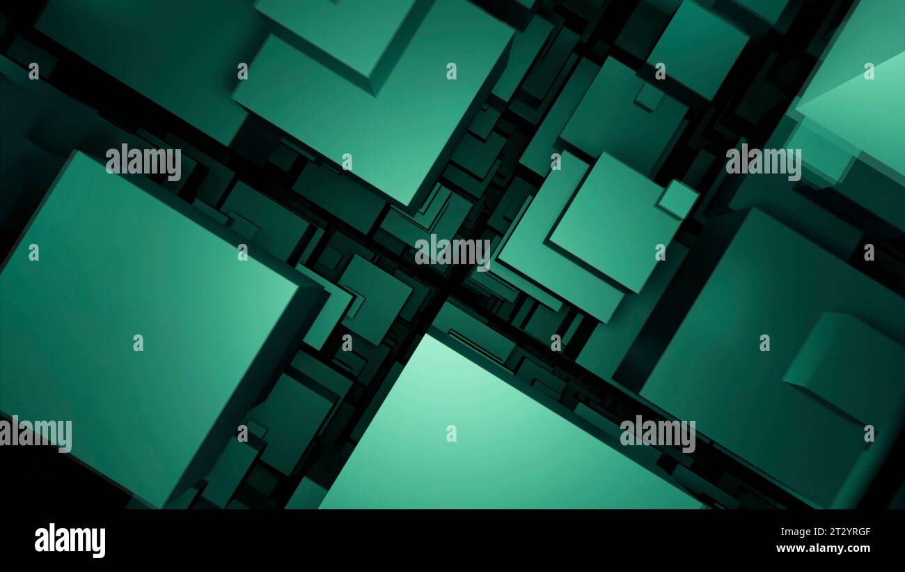 Abstract flying 3D turquoise cubes. Design. Green boxes big and small ...