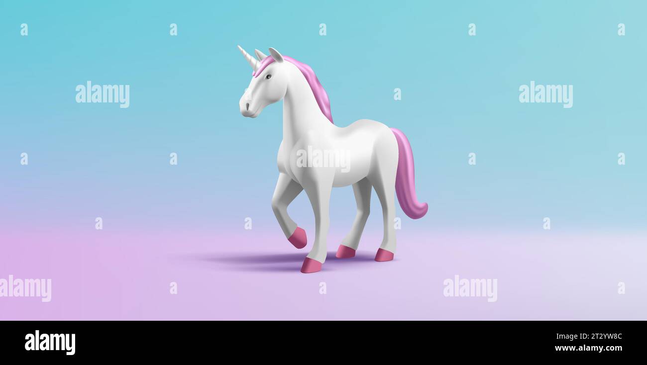 3d render illustration of unicorn horse with pink mane and tale, white ...