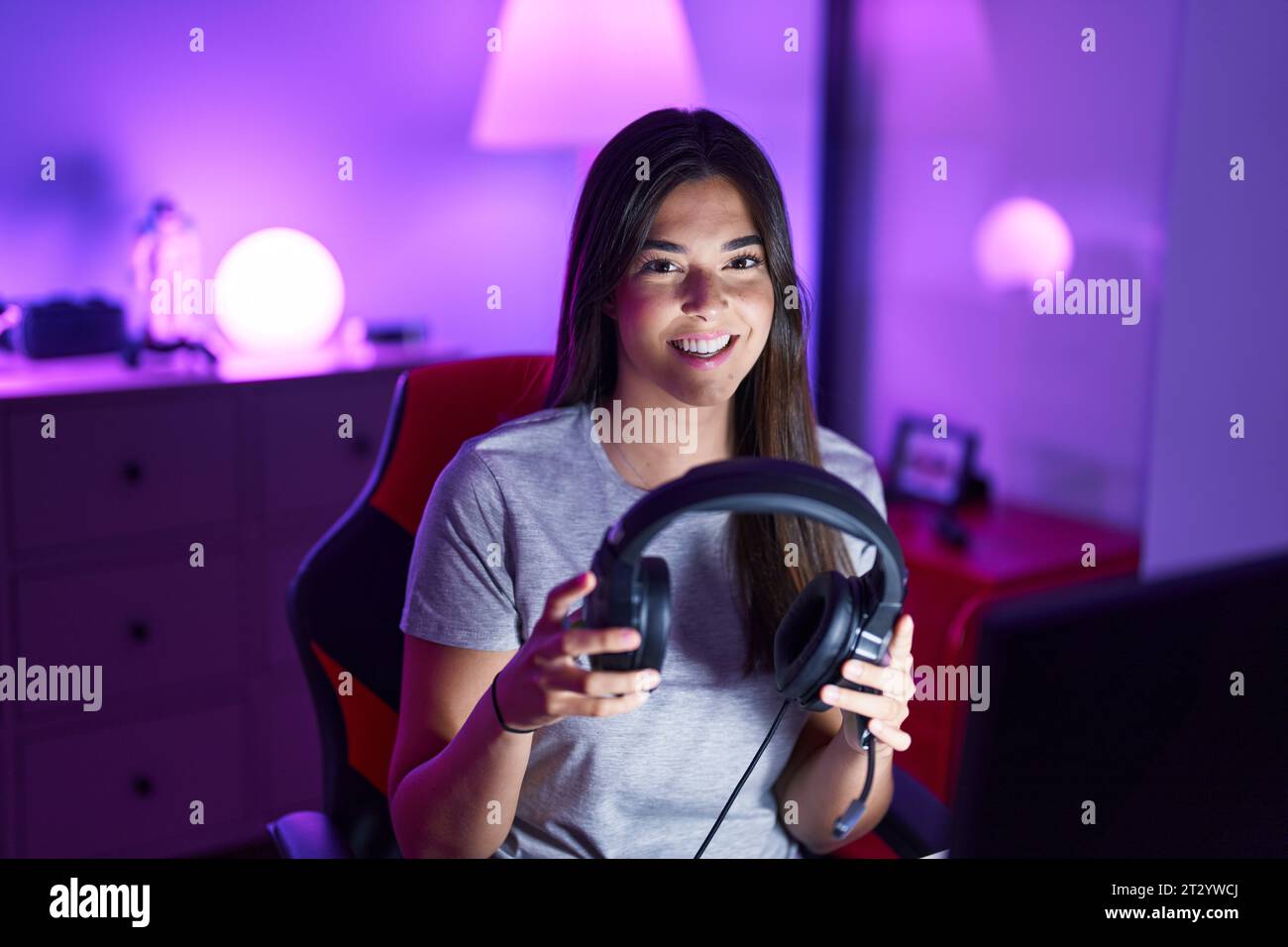 Young beautiful hispanic woman streamer smiling confident holding ...