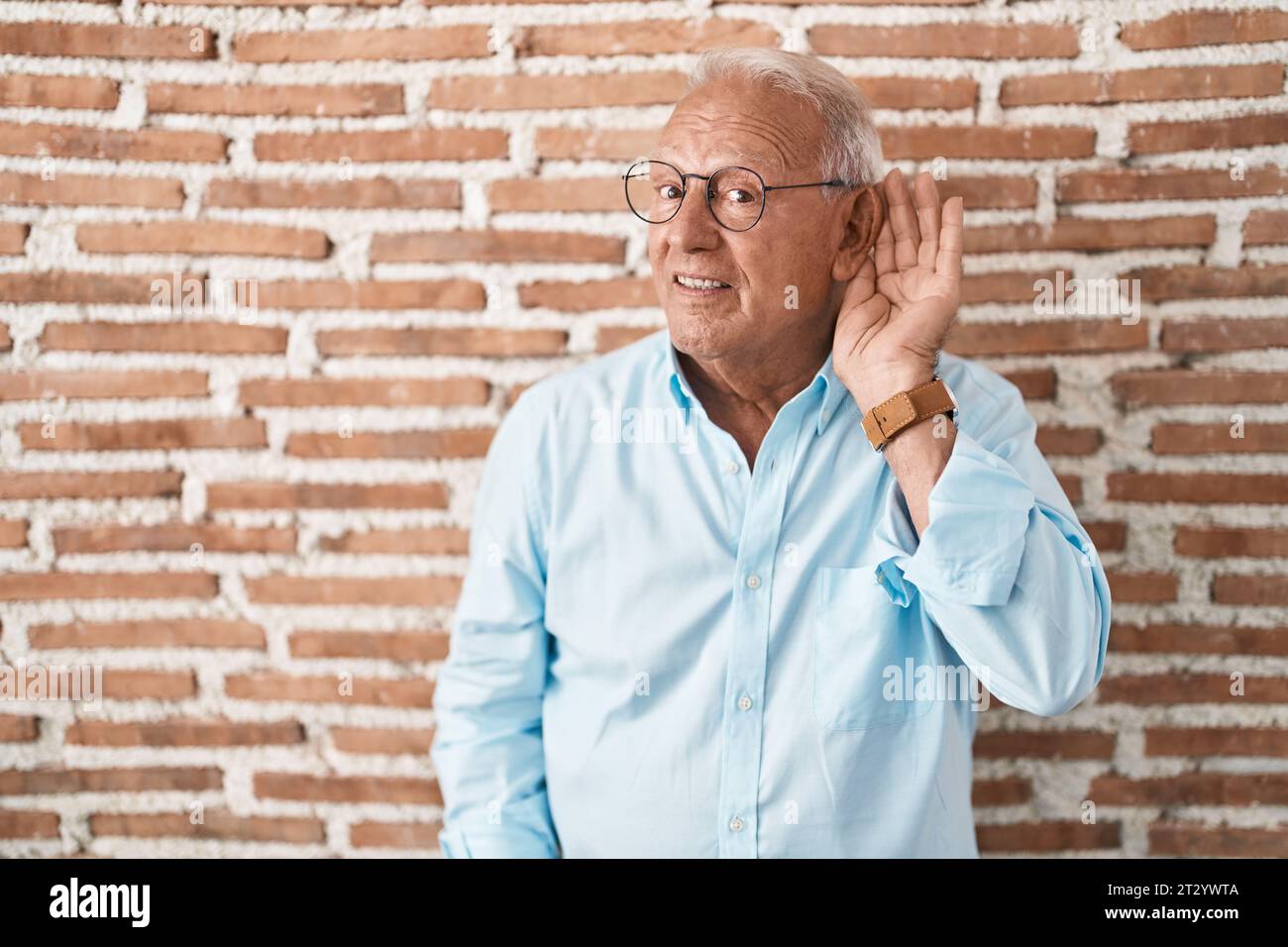 Senior man with grey hair standing over bricks wall smiling with hand ...