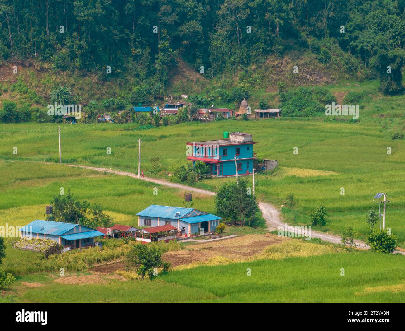 Aerial view of a nepalese rural landscape near Lake Bagnes, rice fields ...