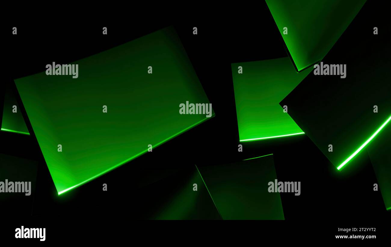 Abstract rotating neon tiles with glowing edges on a black background ...