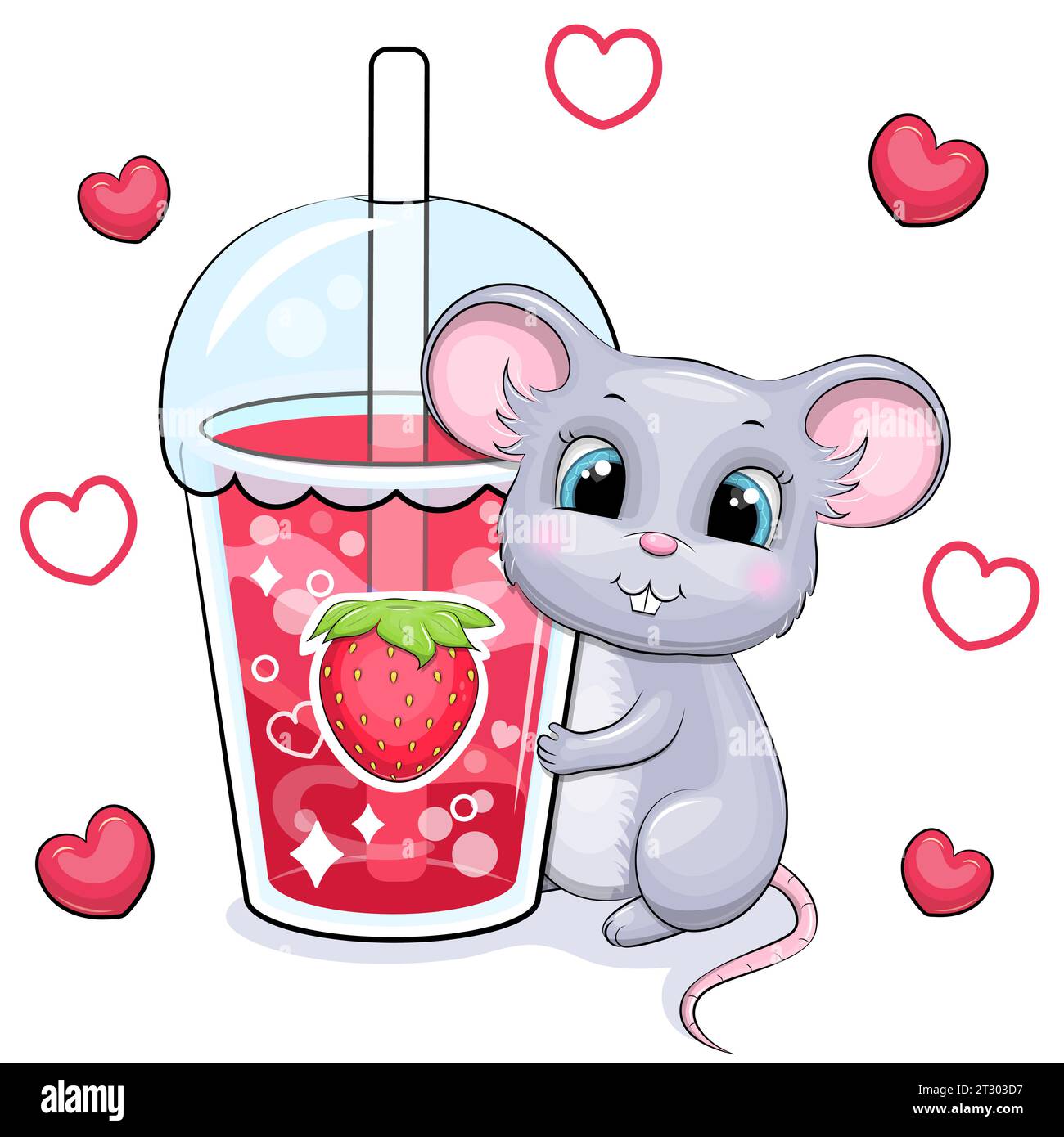 Cute cartoon gray mouse with a big strawberry drink. Vector ...