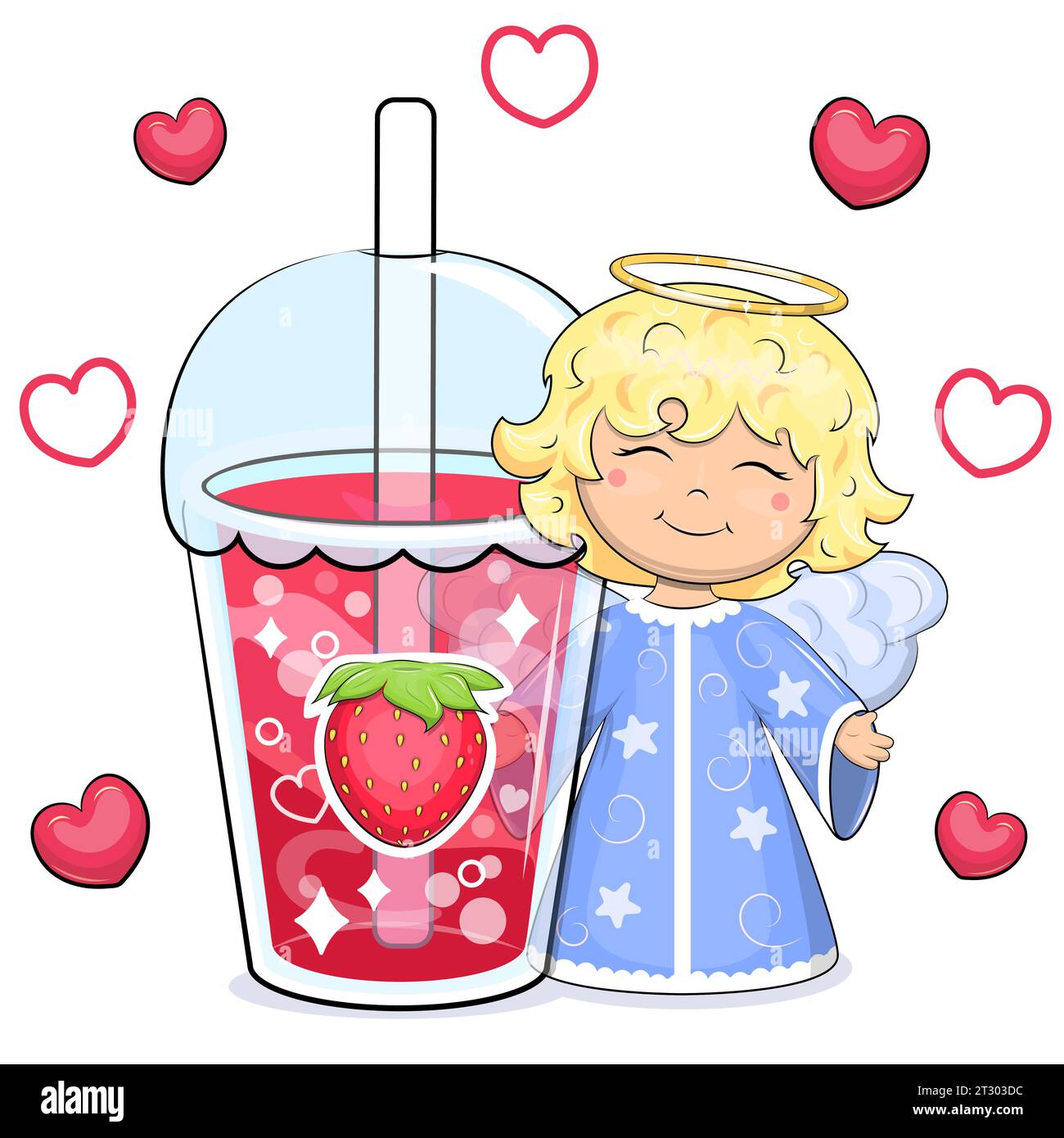 Cute cartoon angel with a big strawberry drink. Vector illustration ...