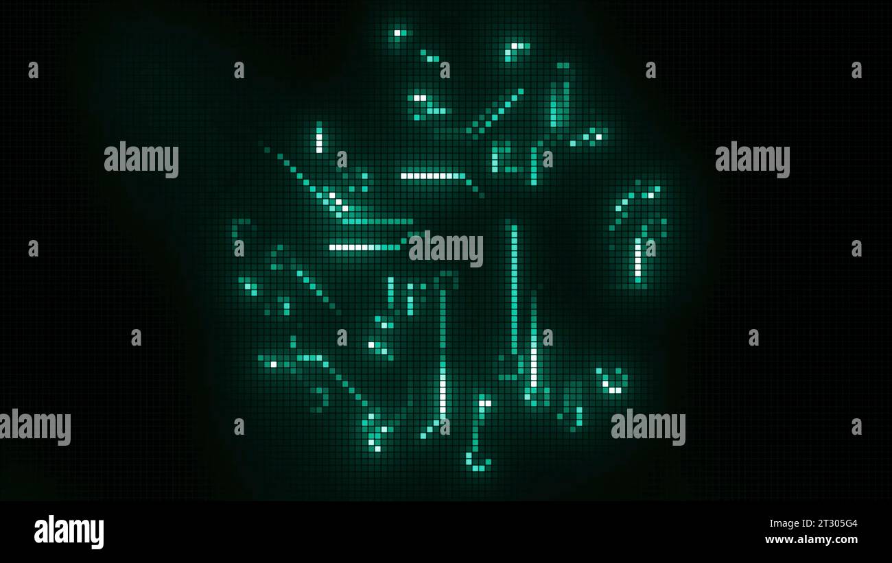 Abstract running green neon signals looking like bending lines inside ...