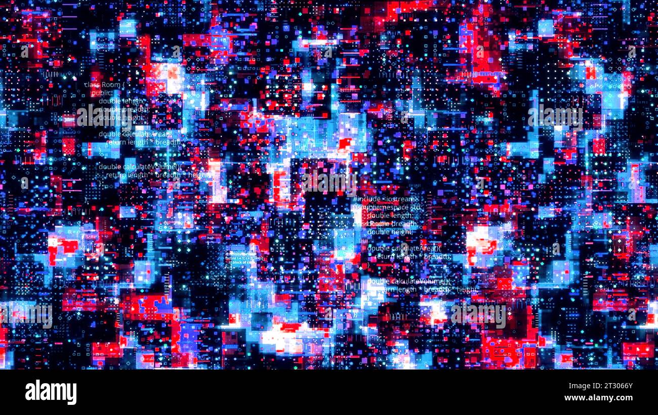 Abstract visualization of a program code. Motion. Colorful pixelated ...