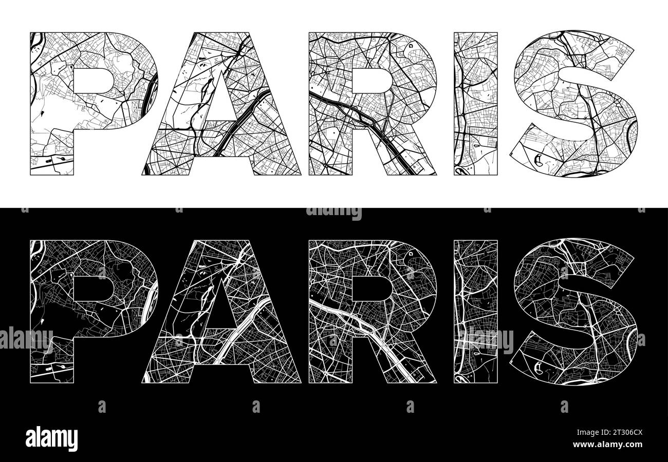 Paris City Name (France, Europe) with black white city map illustration ...