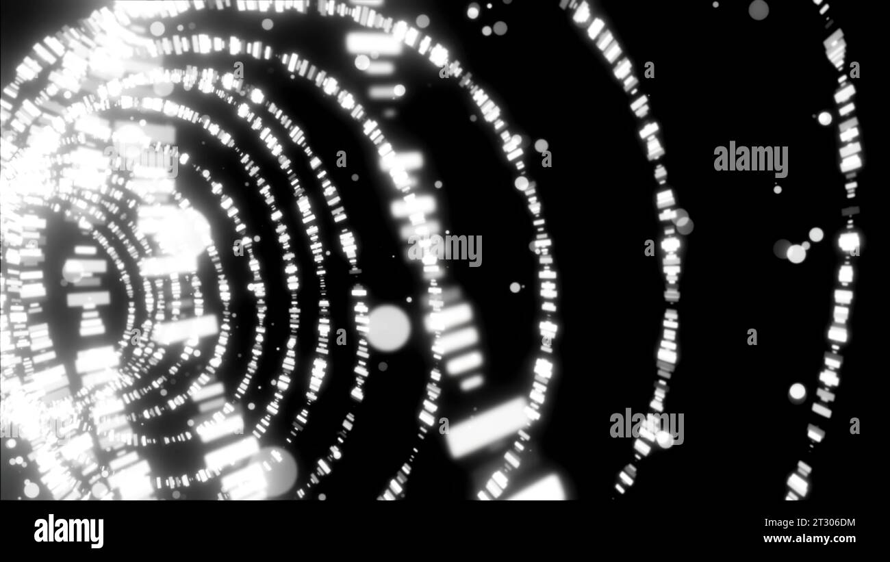 Monochrome particles creating a tunnel of concentring rings. Motion ...